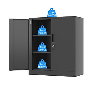 iJINGUR Metal Storage Cabinet with Locking Doors and 2 Adjustable Shelves, Small Lockable Steel Storage Cabinets for Garage Home Office Basement Pantry Classroom and Workshop (Black)