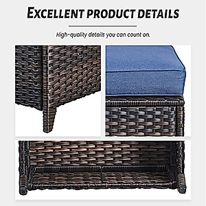 Outdoor Furniture Ottoman Set of 2 Patio Seating Footstool All-Weather Rattan Wicker Ottoman Seat with Soft Cushions for Patio Furniture Set