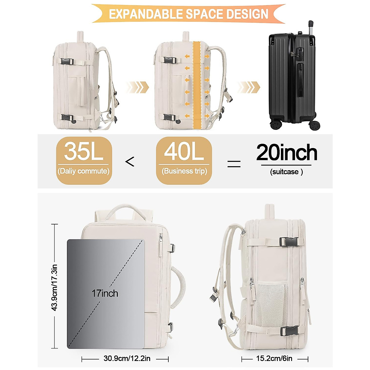 Getravel Travel Backpack For Women, Airline Approved Personal Item Bag, Carry On Backpack,17 Inch Laptop School Backpack, Waterproof Casual Overnight Bag, Hiking Backpack (Beige)