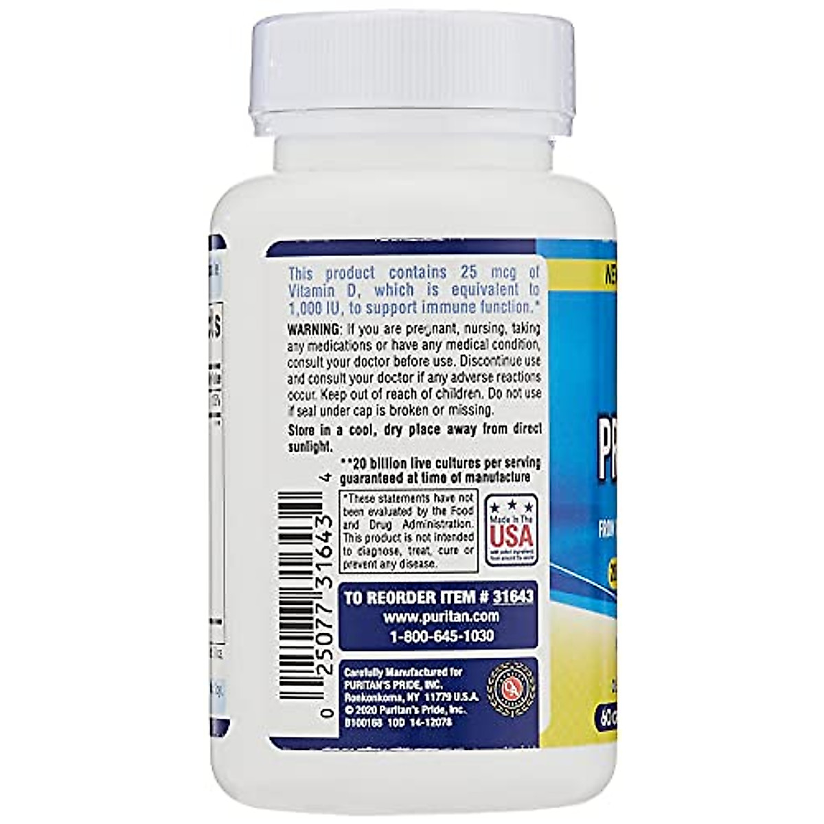 Probiotic 10 with Vitamin D to Help Support Immune System Health*, 60 Count, by Puritan's Pride, White