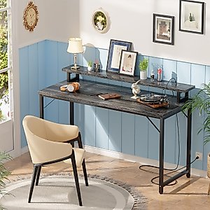 iSunirm 47 inch Computer Desk with Power Outlets, Gaming desk with LED Lights, Home Office Work Desk with Monitor Shelf, Modern Office Desk Study Writing Table for Small Spaces, Black Oak