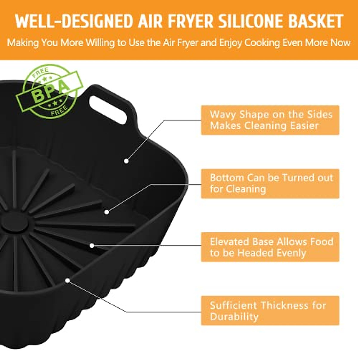 Air Fryer Silicone Liners 9 Inch Reusable Air Fryer Reusable Basket For 6 to 9QT, 2 PCS Square Air Fryer Pot Insert for Oven Microwave Accessories