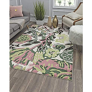 Rugs America White Green Floral Contemporary Rug May Flowers VA15B 5'0"X7'0" Area Rug
