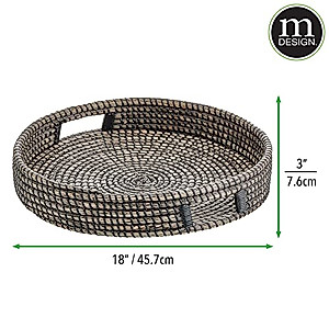 mDesign Seagrass Woven Large Decorative 18" Round Basket Serving Tray w/Built-In Handles for Kitchen, Coffee Table, Wall Decor, Ottoman; For Storage, Centerpiece Display - Black