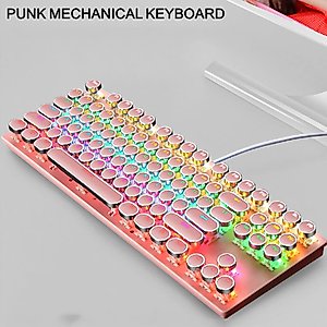 Mechanical Gaming Keyboard and Mouse Combo, 87 Key Retro Punk Typewriter-Style,Blue Switch RGB Rainbow Backlit Keyboard,Cool Breathing Light Lightweight Gaming Mouse for Game and Office,Pink