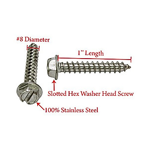 Bolt Dropper No 8 X 1 Stainless Slotted Hex Washer Head, (100 pc), 18-8 (304) Commercial Grade Corrosion Resistant Stainless Steel Screws Choose Size