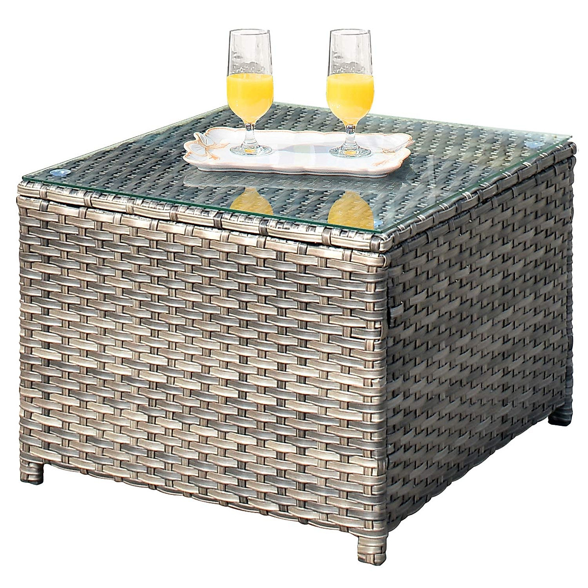 ovios Patio Coffee Table Outdoor Table Wicker Rattan Patio Table with Glass Top Garden Tea Table Side Table for Yard Garden Porch, Grey Wicker