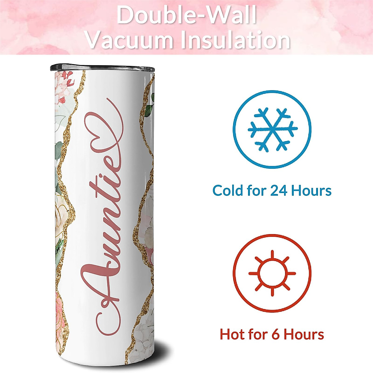 owbgsdh 20 oz Aunt Skinny Tumblers with Lid and Straw, Auntie Stainless Steel Vacuum Insulated Travel Coffee Mug Cup Water Bottle, Auntie Birthday Gifts for Aunt