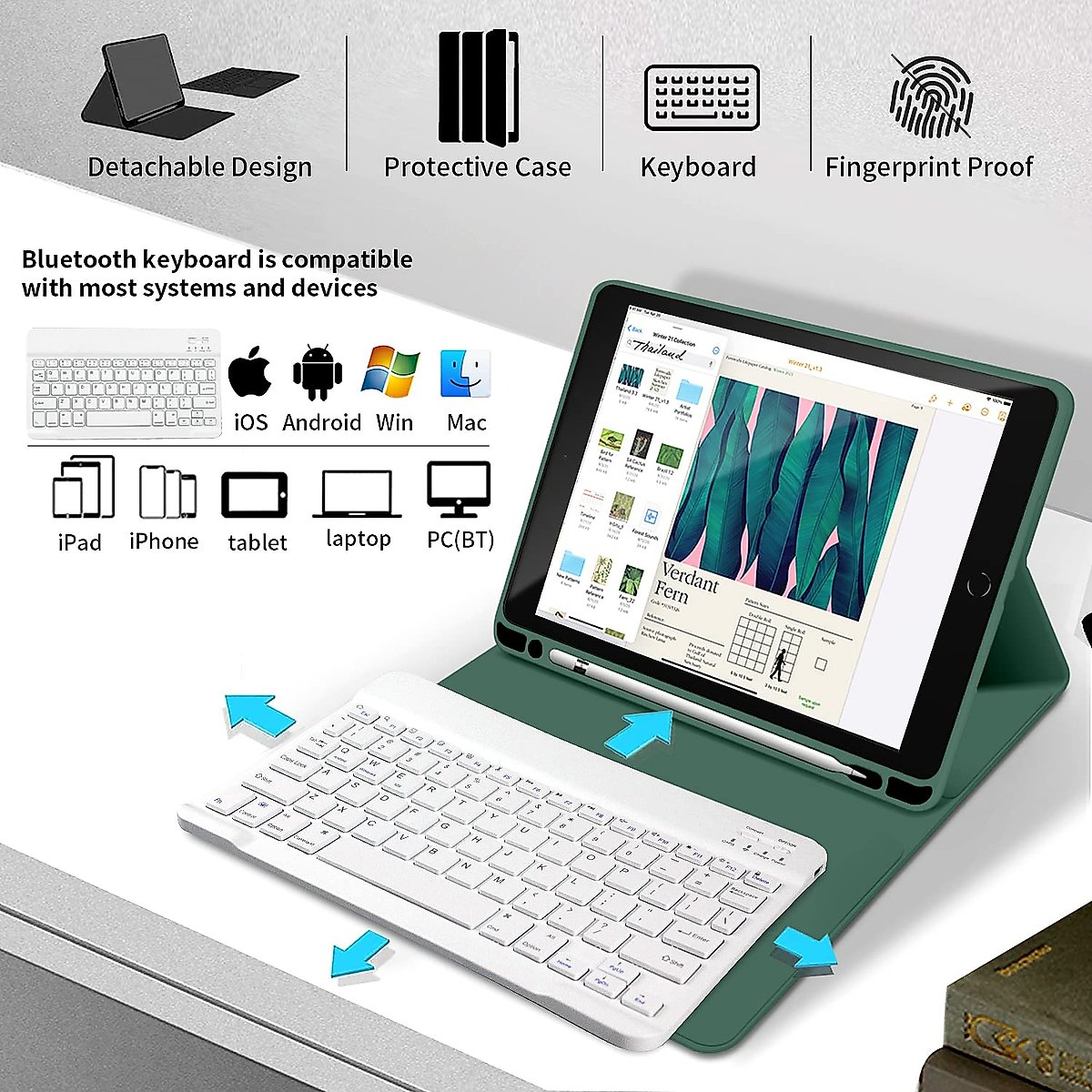 Keyboard Case for iPad 9th/8th/7th Generation 10.2 Inch 2021/2020/2019, Soft TPU Back Stand Cover Smart Case with Pencil Holder, Magnetically Detachable Wireless Bluetooth Keyboard, Dark Green