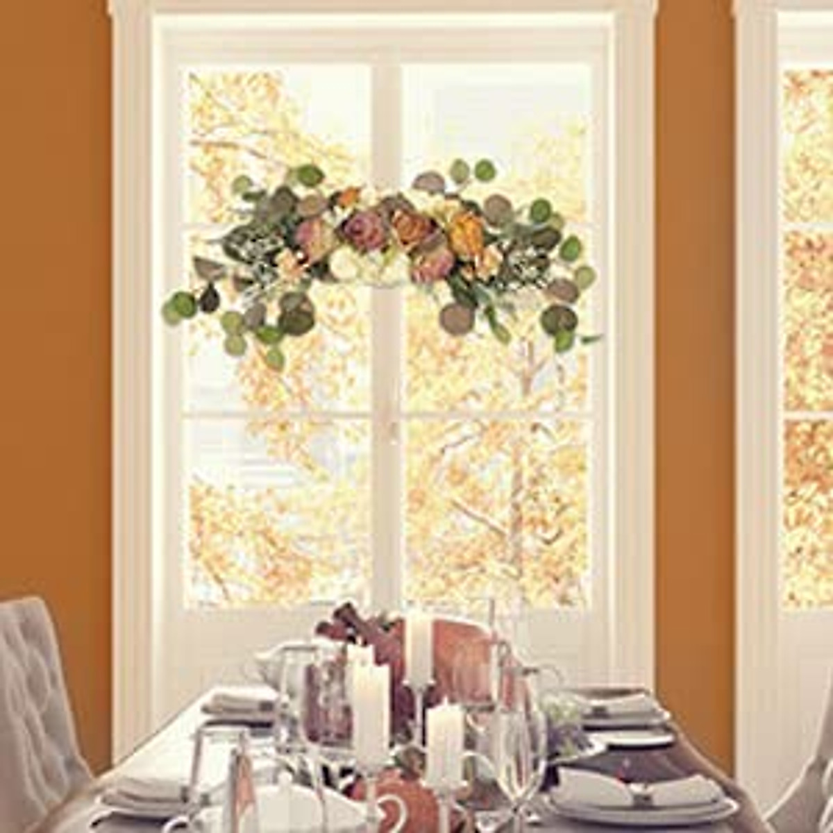 HiiARug Fall Decor Swag, 26 Inch Decorative Swag Burnt Rose Eucalyptus Leaves Fall Decorations for Home Garden Fall Theme Wedding Decor (Orange, 26")