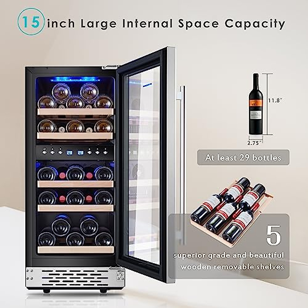 Phiestina Wine Cooler Refrigerator Wine Fridge29 Bottles Dual Temp Zone with Temperature Memory Function,Built-in/Freestanding Adjustable Shelves Glass Door Quiet 15inch for Home Kitchen Office