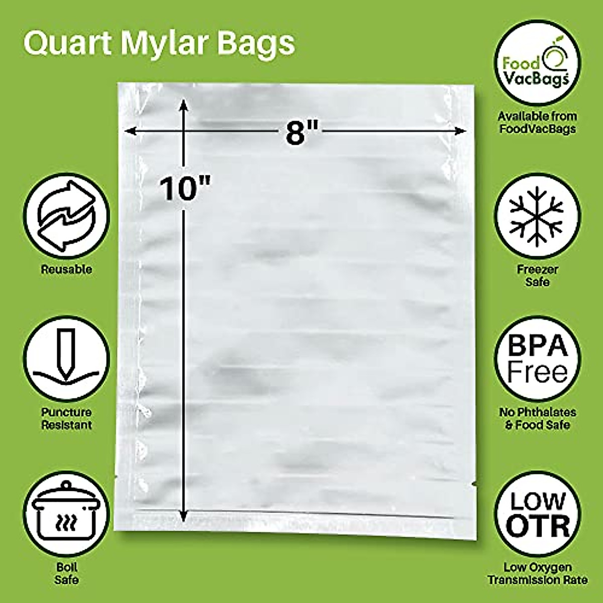50 - Quart 8" x 10" FoodVacBags Mylar Aluminum Foil Food Storage Bags, Heat Sealing, Long-Term