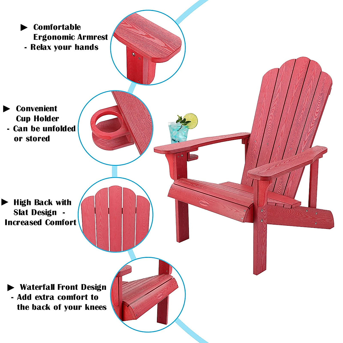 Adirondack Chair Weather Resistant , Hard Plastic Adirondack Chair with Cup Holder, Comfortable Easy to Assemble and Maintain, Outdoor Chair for Patio, Backyard Deck, Fire Pit & Lawn Porch - Red