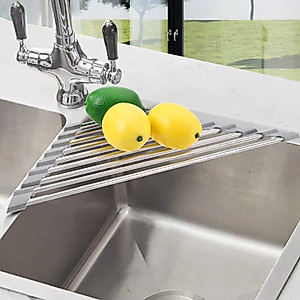 Fasmov 2 Pack Dish Drying Rack, 304-Stainless Steel Sink Organizer for Sponge, Brush, Scrubber, Soap Dispenser Holder, Corner Dish Drying Rack, Gray & Black