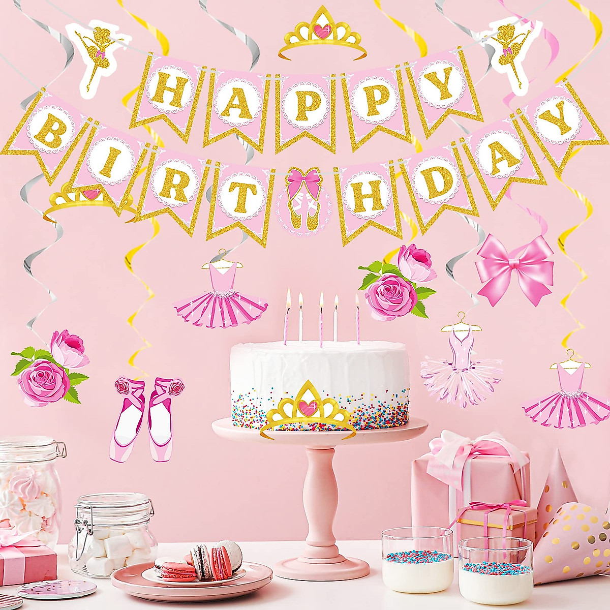 37 Pieces Ballet Birthday Party Supplies Ballerina Birthday Banner Ballerina Party Decoration Ballet Party Banner Ballerina Swirl Decoration Pink Ballerina Cutouts for Girls Birthday Baby Shower Party