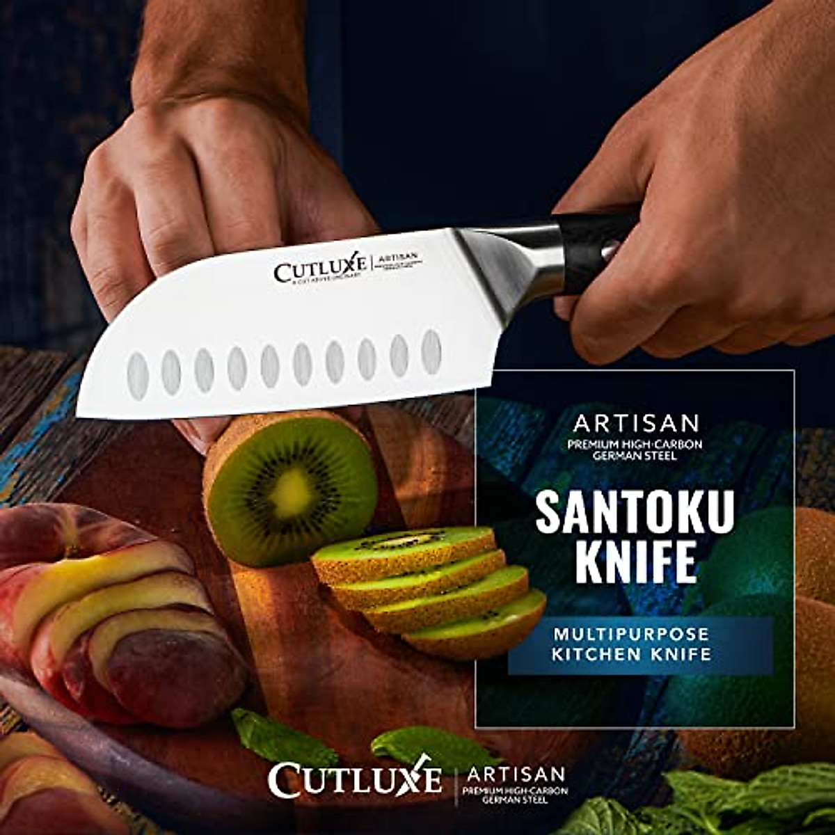 Cutluxe Santoku Knife – 5" Multipurpose Kitchen Knife for Cutting Slicing & Chopping – Forged High Carbon German Steel – Full Tang & Razor Sharp – Ergonomic Handle Design – Artisan Series