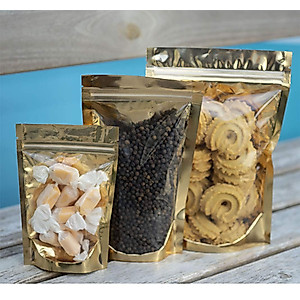 Casavani 100 Pieces Resealable Mylar Zip Lock Food Storage Bags with Clear Window Smell Proof Aluminum Foil Pouch in 3 Sizes - Small, Medium and Large Gold 4x6 inches, 5x6 inches, 6x8.5 inches