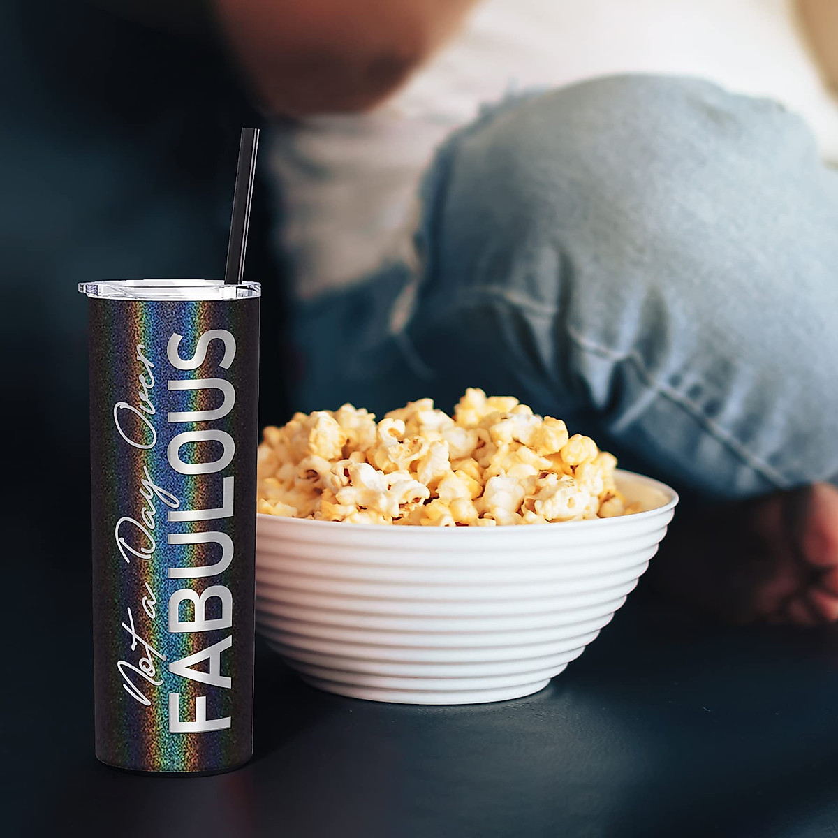 Cuptify Not A Day Over Fabulous Skinny Tumbler with Lid Laser Engraved on Black 22 oz Insulated Stainless Steel Best Friend Birthday Gift For Women