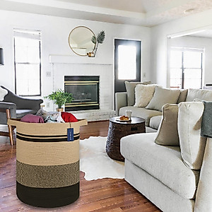 COMSE Extra Large Laundry Basket, Tall Blanket Basket, Laundry Hamper with Handles, 15.7”x 21.7”, Cotton Rope Basket, Woven Laundry Basket, Toy Basket, Clothes Baskets,Woven Basket, Brown/Black