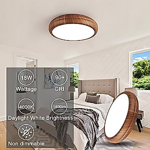 POLITAMP Modern Flush Mount Ceiling Light Fixture 12 Inch LED Light Fixtures, 18W Minimalist Round Shaped Wood Grain Ceiling Lamp 4000K, Not Dimmable