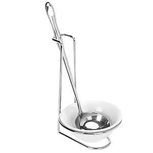 MyGift White Ceramic Ladle Holder Spoon Rest, Upright Single Cooking Utensil Holder, Vertical Drip Catcher Dish with Stainless Steel Stand for Kitchen Counter