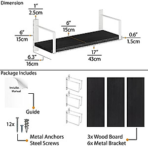 Wallniture Toledo Bookshelf Living Room Decor Kitchen Organization Floating Shelves Bedroom Decor Wall Shelves for Office Black Board, White Bracket Set of 3