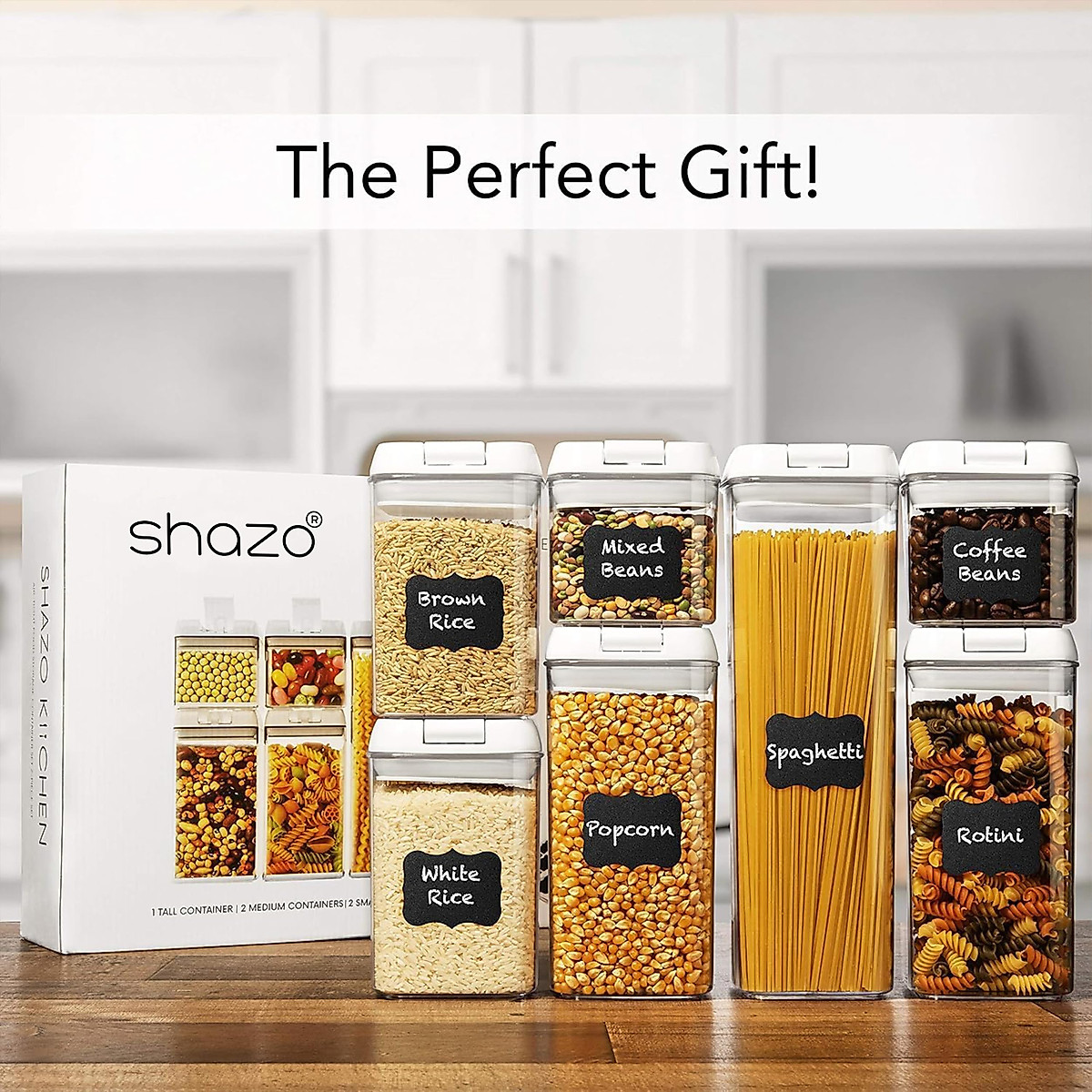 Shazo (Set of 7 Airtight Food Storage Containers with Lids - Leakproof, BPA Free Clear Plastic Cereal Containers for Kitchen & Pantry Organization