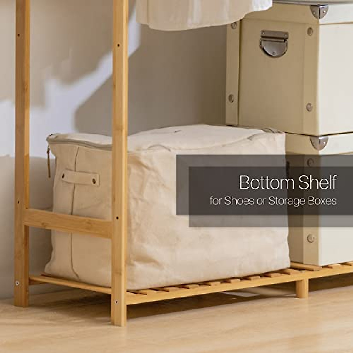 MoNiBloom Bamboo Clothes Rack with Double Rods and Storage Shelves Free Standing Open Wardrobe Rack for Hanging Clothes and Storage for Bedroom Living Room, Natural