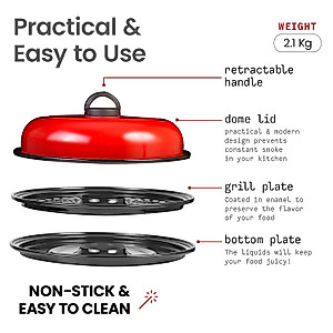 AsaTodo Indoor Smokeless Grill, Nonstick Stovetop Grill Pan and Plate for Inside Barbeques, Grills and Roasts, Easy to Clean Gas Stovetop Grill Plate and Pan, Perfect for Gas Stove Tops, Red