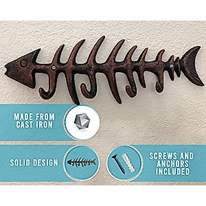 Comfify Decorative Fish Bones Wall Mounted Towel Rack Stylish Cast Iron Hanger with 4 “Fish Bones” Hooks for Towels, Robes and More - Includes Screws and Anchors - in Brown