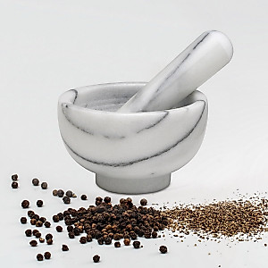 HIC Kitchen Mortar and Pestle Spice Herb Grinder Pill Crusher Set, Solid Fine-Quality Carrara Marble