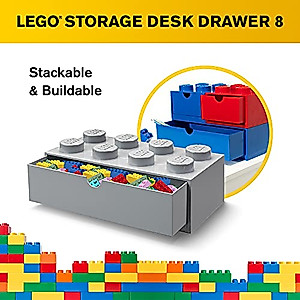 Room Copenhagen Lego Storage Brick 8 Desk Drawer, 8-Stud Stackable Tabletop Storage Box, 12.4 x 6.2 x 4.4 in, Stone Grey