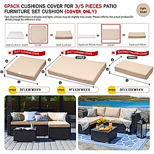 ClawsCover 6Pack Outdoor Seat and Back Cushions Replacement Covers Fit for 3 Pieces 3-Seater Wicker Rattan Patio Furniture Conversation Set Sectional Couch Chair,Light Khaki-Include Cover Only