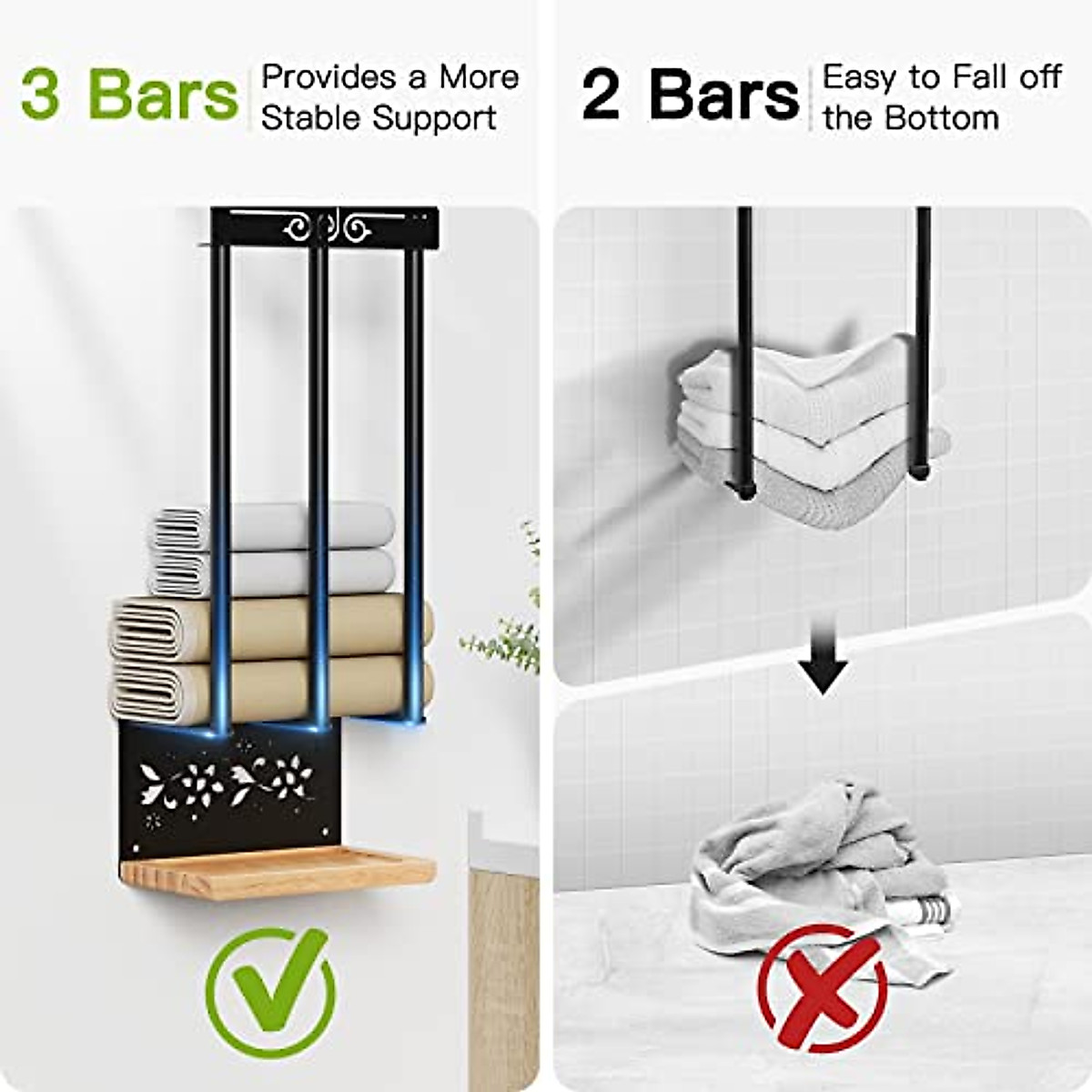 Wall Towel Rack for Rolled Towels, POKIPO 3 Bar Bathroom Towel Storage with Wooden Pallet, Towel Holder for Small Bathroom Wall Mounted, Towel Shelf Organizer for Washcloths, Large Towels, Blanket