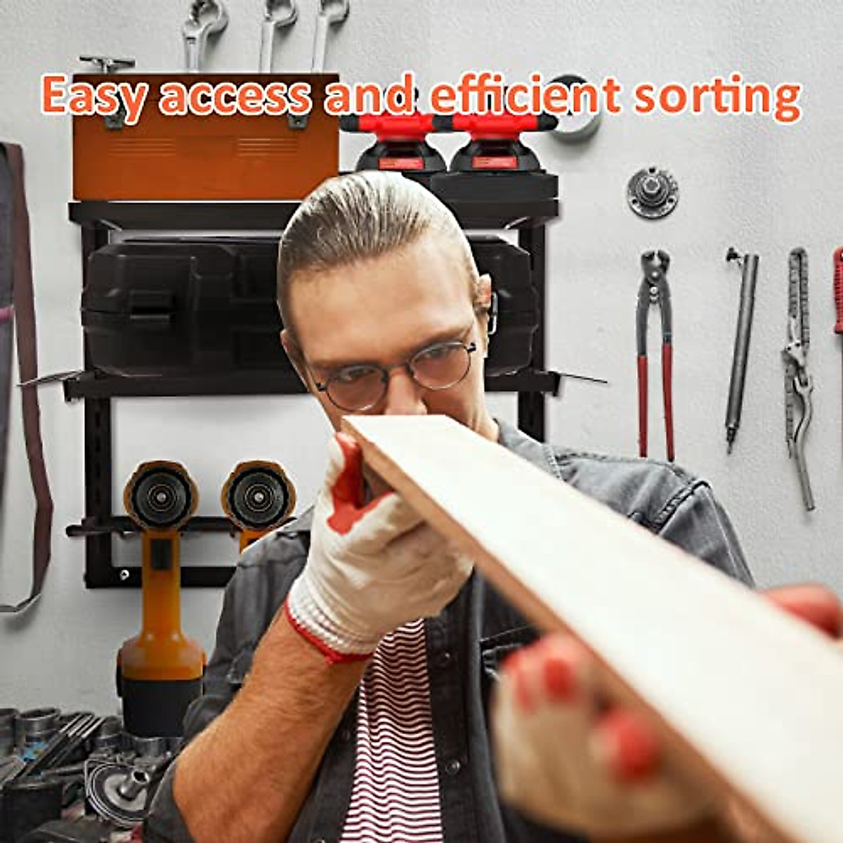 QUKEEO Power Tool Organizer,Power Tool Organizer Wall Mount & Drill Holder Wall Mount Garage Storage Rack,Open design, ideal for hand-held and power tool storage.(Black)