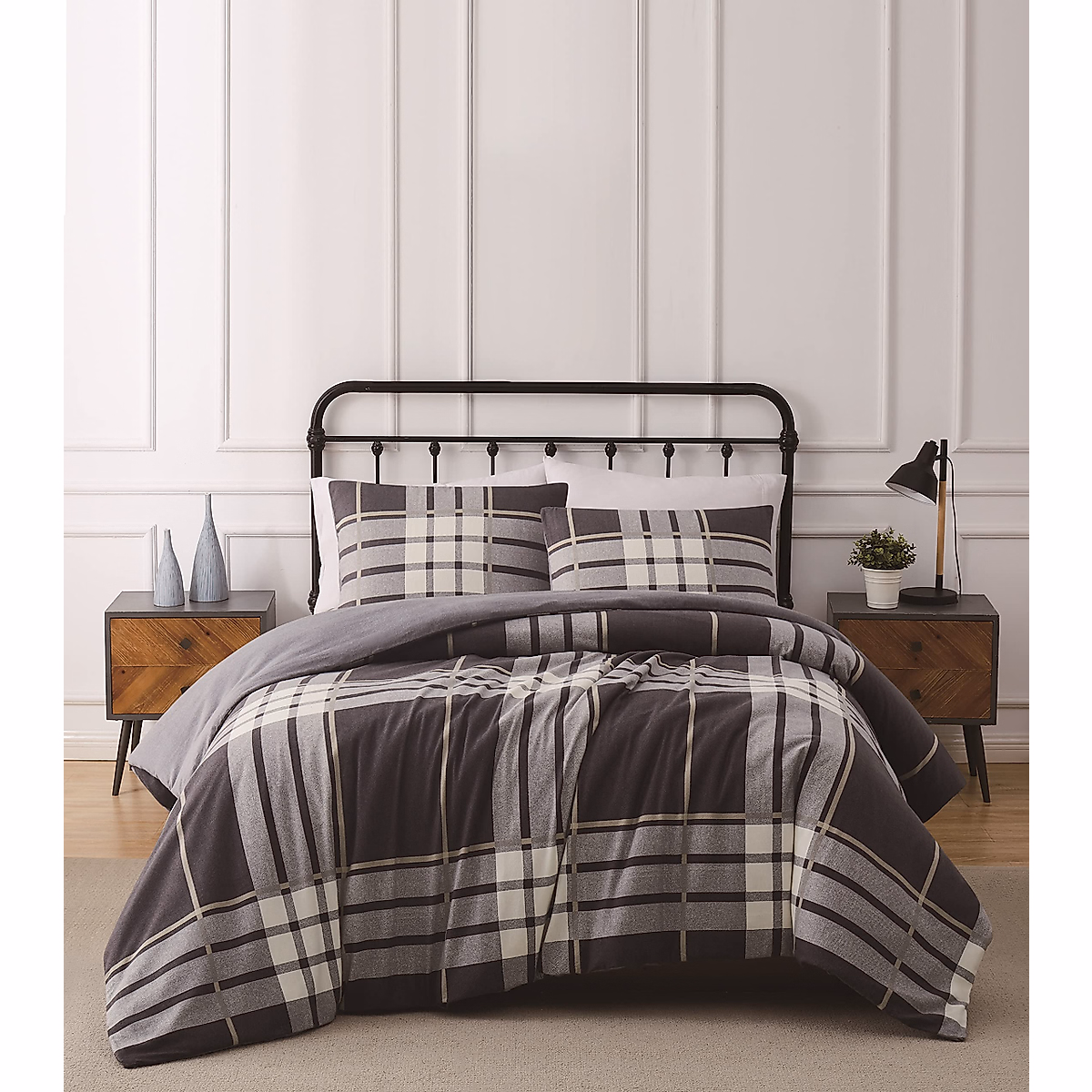 Truly Soft Everyday - Full/Queen 3 Piece Duvet + Sham Set - Milo Plaid Flannel Collection - Grey