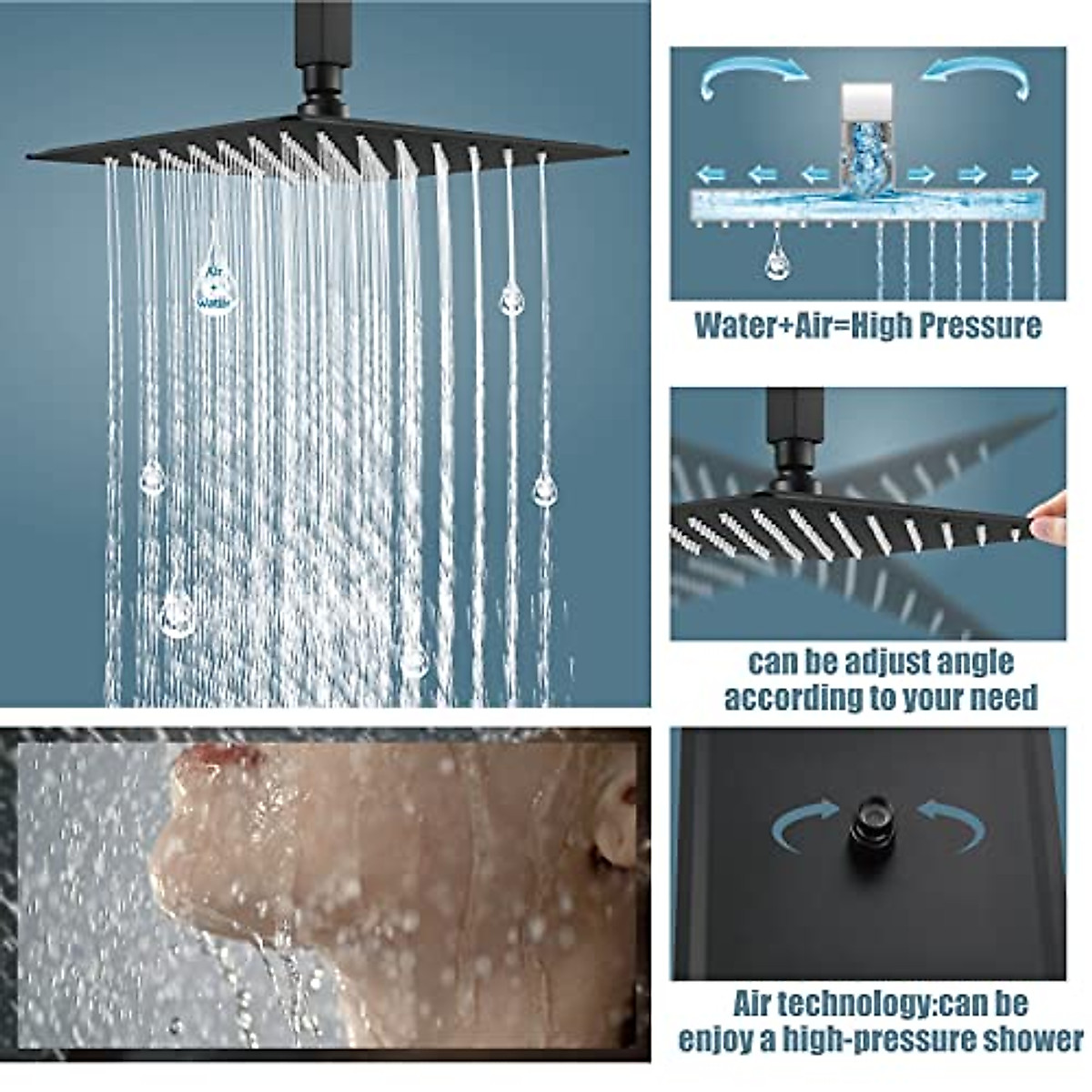 Aolemi Matte Black Shower System Ceiling Mount 12 Inch Rain Shower Head with 3 Functions ABS Handheld Spray Luxury High Pressure Shower Combo Set Rough-in Valve and Shower Trim Included Bathroom