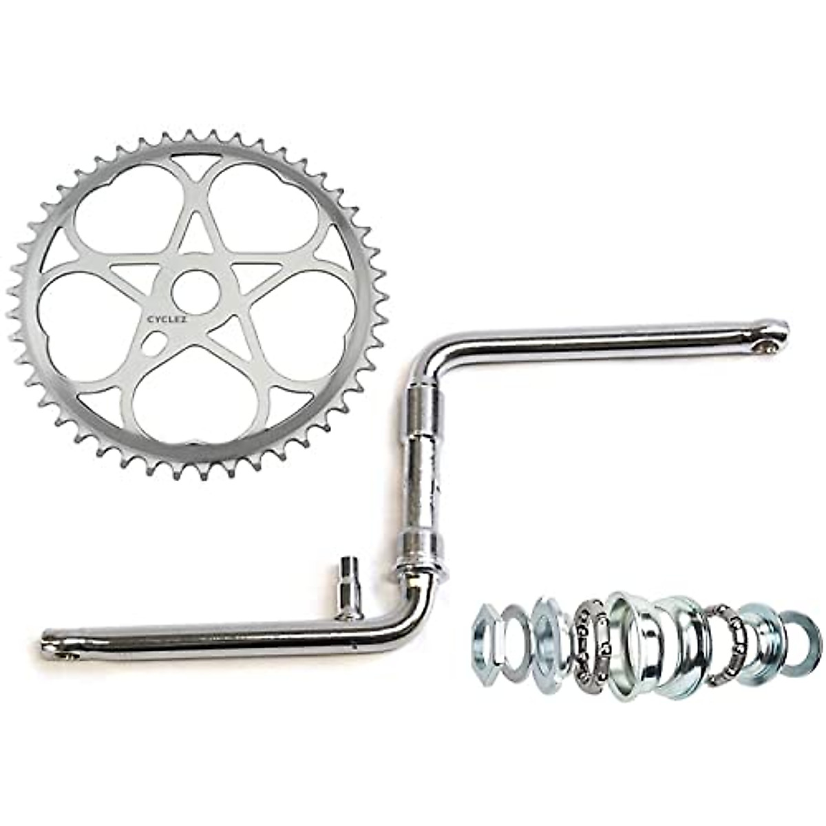 CYCLEZ One-Piece Beach Cruiser Crankset Includes 46 Teeth Chrome Sprocket (46T), 170mm Crank, and Complete Bottom Bracket Replacement Kit (Hearts)