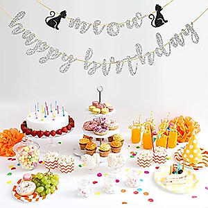INNORU Cat Birthday Banner, Cat Happy Birthday Party Banner, Meow Garland Bunting, Pet Cat Birthday Party Decoration Silver Glitter
