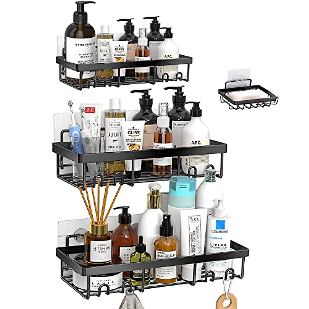 APPBYER Adhesive Shower Caddy Shelf with 14 Hooks Organizer Rack(3 Pack) & 1 Soap Dish,Bathroom Shower Shelves Wall Mounted Shower Rack Bathroom Organizer - No Drilling for Home Inside