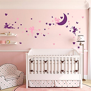 IKEYU Fairy Wall Sticker Girls Fairy Wall Decals Nursery Fairies Wall Stickers Butterfly Pink Purple Star Heart Wall Decals for Girls Bedroom Kids Room Decor