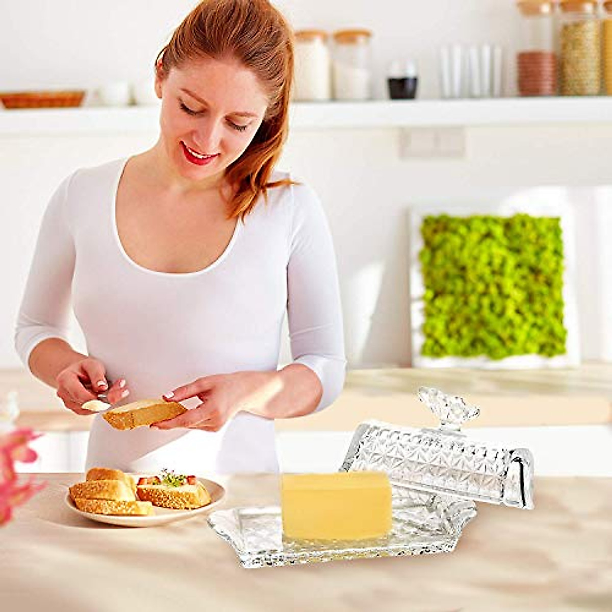 Bezrat Glass Butter Dish | Premium Butter Dish with Lid and Easy Grip Handle | Easy to Use and 100% Food Safe - Dishwasher Safe | Butterfly Addition