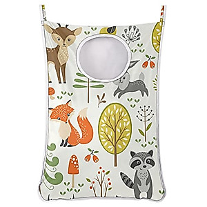 Woodland Animals Hanging Laundry Hamper Bag with 2 Door Hooks, Fox Elk Bear Mushroom Holding Dirty Clothes Bag, Saving Space Hanging Laundry Bag for Door Wall, Closet, Bathroom