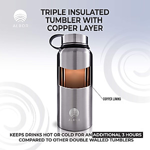 Albor 32 oz Insulated Water Bottle With Chug Lid and Straw, Plus Carry Lid for Travel, Leak Proof Stainless Steel Water Bottle for Gym and Travel (Steel)