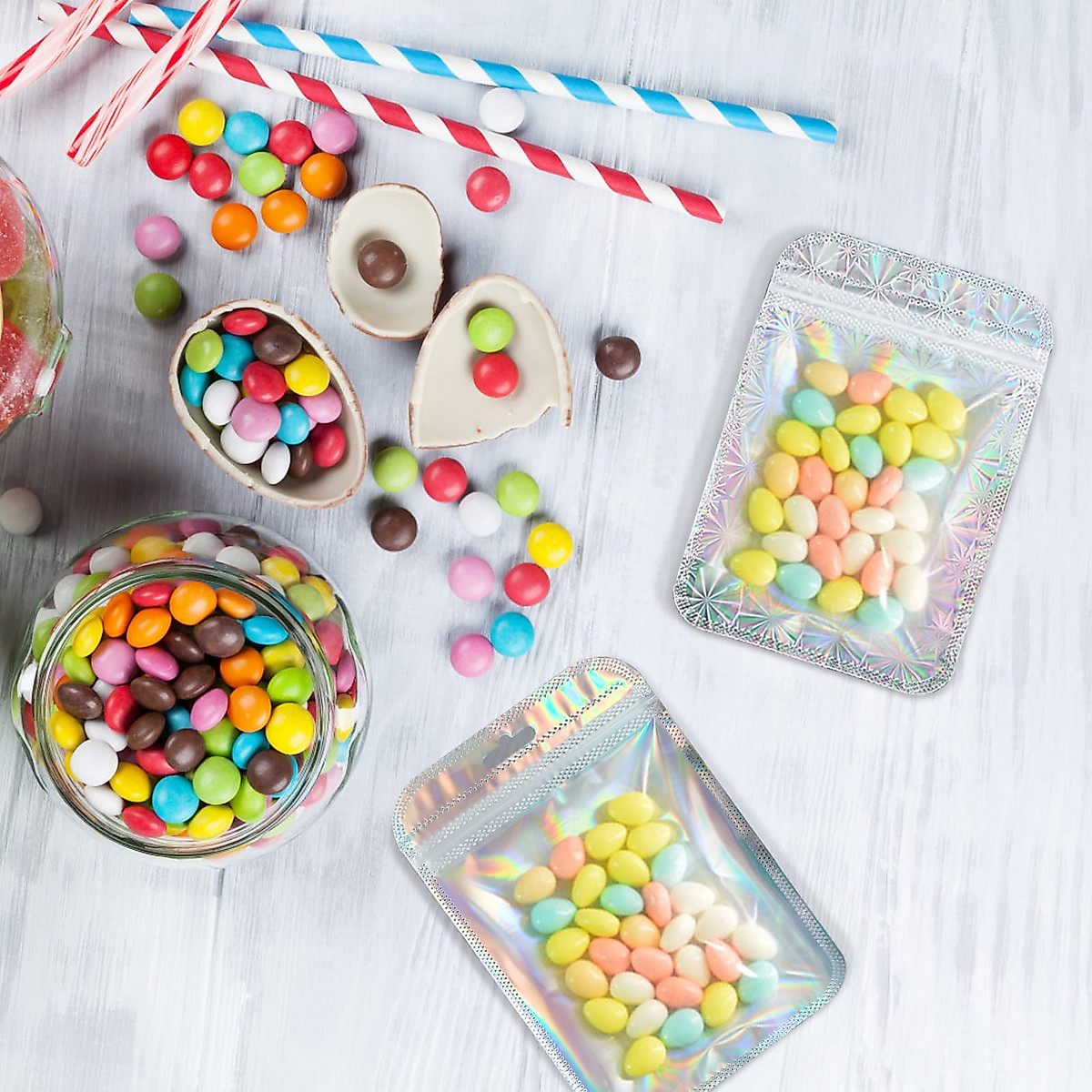 itechpanda 100 PCS Resealable Holographic Zip Lock Mylar Bags, 4 x 5.8 Inch PVC Plastic Self-seal Zipper Waterproof Bags for Jewelry, Samples, Candy, Small Parts & Party Favor Food Storage