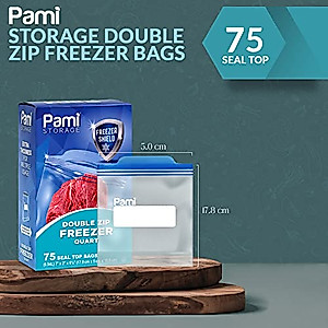 PAMI Double Zip Freezer Quart Bags [75 Pieces] - Leakproof Food Storage Ziplock Bags With Expandable Bottom- Food-Safe Zipper Bags With Freezer Shield Technology- Thick & Reusable Sandwich Bags
