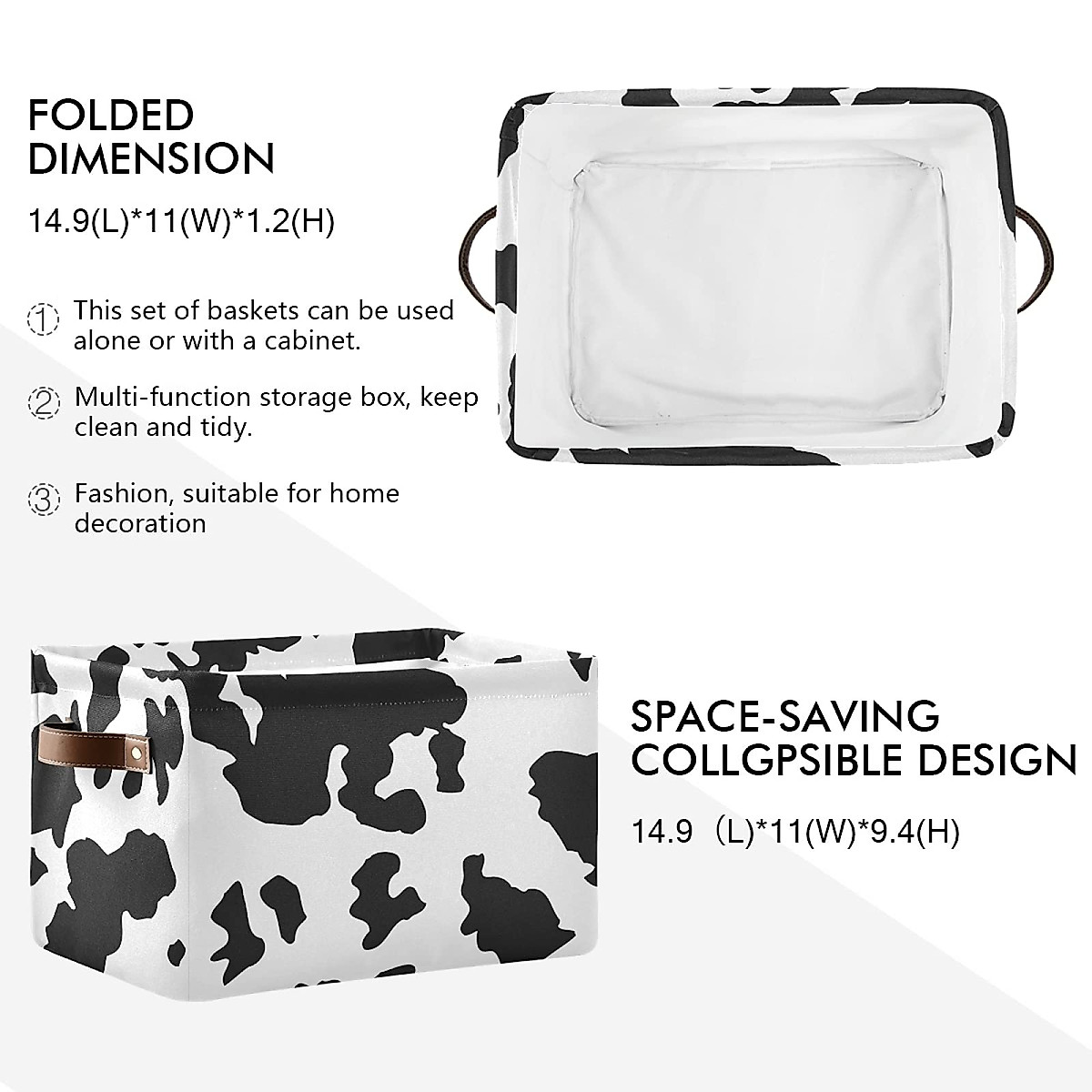 Qilmy Animal Cow Print Storage Basket, Durable Canvas Organizer With Handles Large Collapsible Storage Bins Boxes for Home Office Closet - 1pack