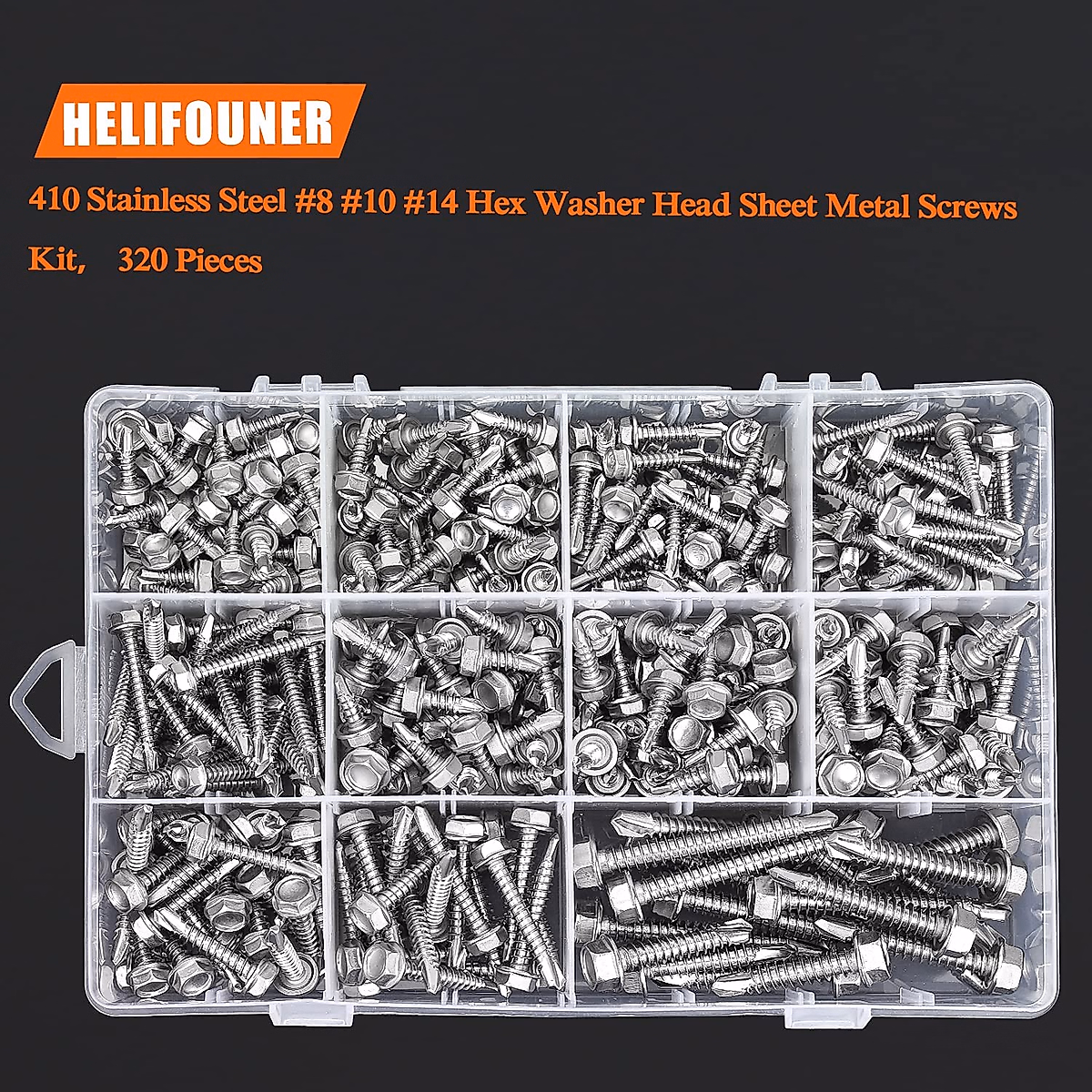 HELIFOUNER 320 Pieces #8#10#14 Hex Washer Head Self Drilling Sheet Metal Screws Assortment Kit, 410 Stainless Steel