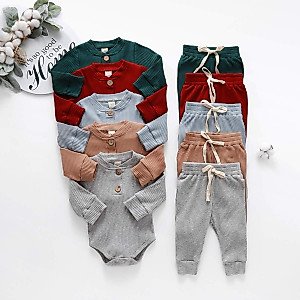 Ledy Champswiin Winter Newborn Baby Boy Girl Clothes Set Ribbed Outfits Unisex Infant Solid Long Sleeve Tops Pants 2PCS