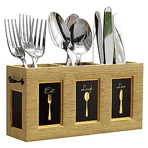 Bamboo Silverware Caddy, Cutlery Holder with Handle - 3 Compartment Utensil Holder and Easy to Clean Spoon Fork Knife Holder - Non-Slip utensil holder for kitchen counter and farmhouse kitchen décor